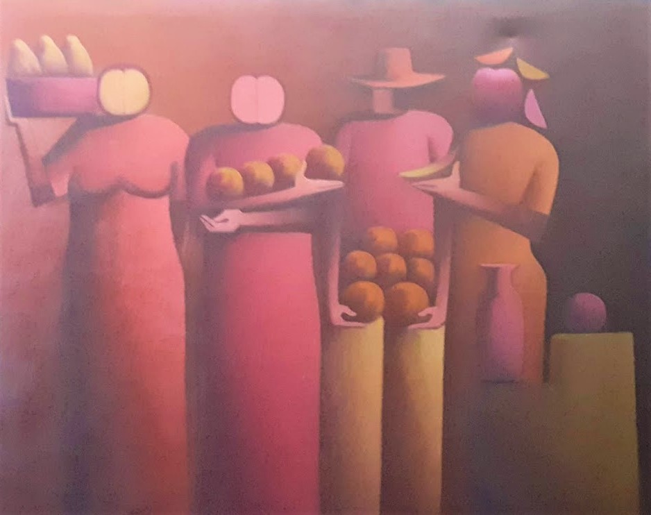 Cuatro personajes en ocres con frutas - Proarte Galeria